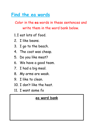 Find and color the 'ea' words | Teaching Resources