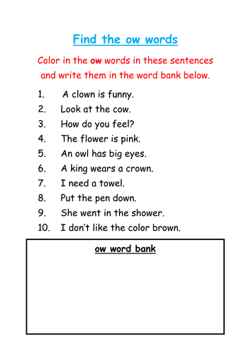 Find and color the 'ow' words | Teaching Resources