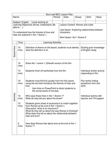 Lesson 5 - Act 1 Scene 1 - The theme of love R&J | Teaching Resources