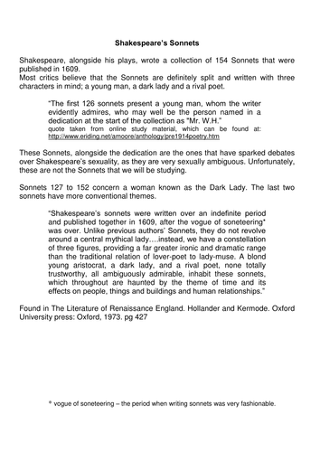 History Of Shakespeare's Sonnets Handout | Teaching Resources