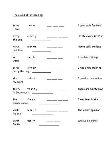 "Er" word spelling sheets | Teaching Resources