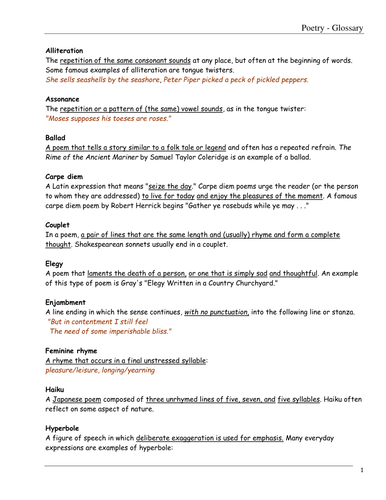 Glossary of Poetic terms For Students | Teaching Resources
