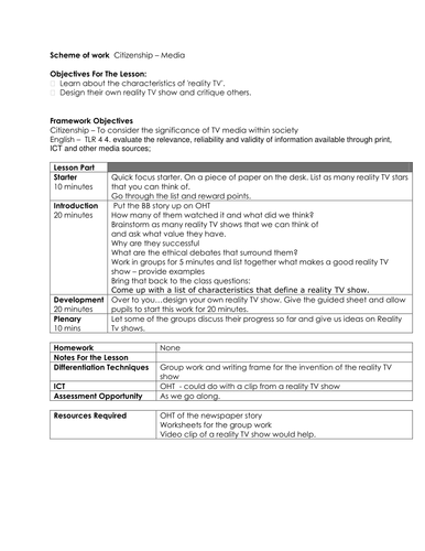 Reality Shows: Evaluate and Develop | Teaching Resources
