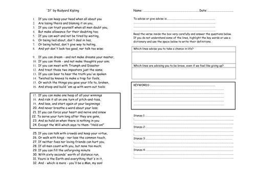 If Rudyard Kipling - Analysis for verse 3 | Teaching Resources