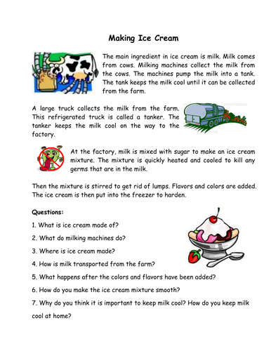 Reading Comprehension - Making Ice Cream | Teaching Resources