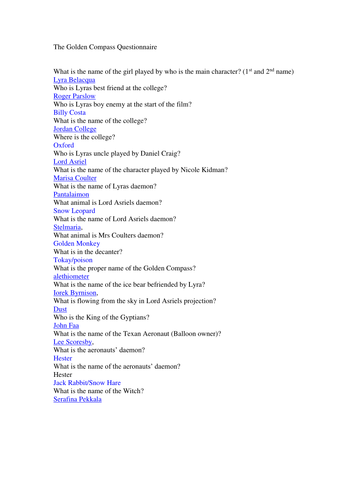 The Golden Compass Questionnaire | Teaching Resources