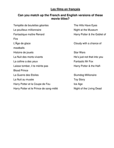 Matching film titles in French & English | Teaching Resources