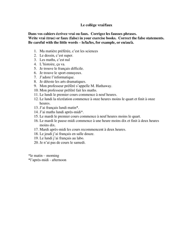 Mon collège vrai/faux | Teaching Resources Mon collège vrai/faux | Teaching Resources