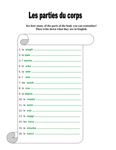 16 body parts - anagrams handout | Teaching Resources