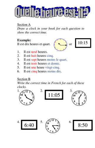 Telling the time handout | Teaching Resources