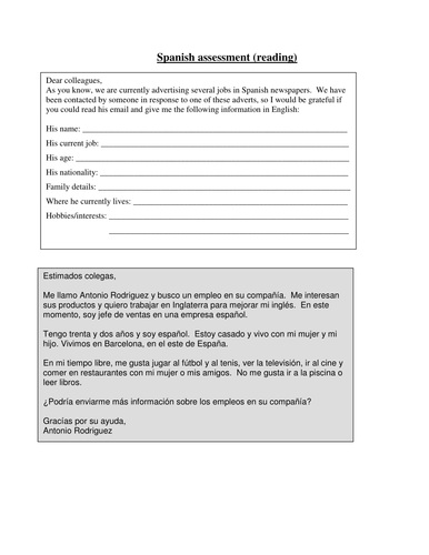 Business Spanish reading practice assessment | Teaching Resources