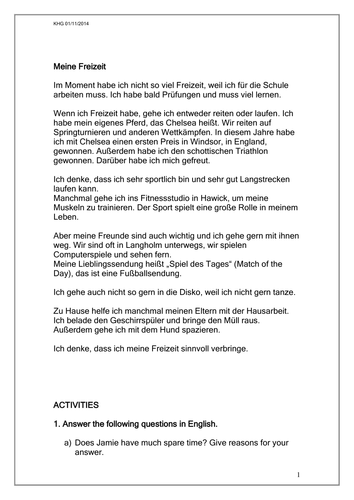 Reading Comprehension Meine Freizeit | Teaching Resources