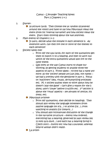 Camus L'Etranger handouts Part 2 Chapters 1 & 2 | Teaching Resources