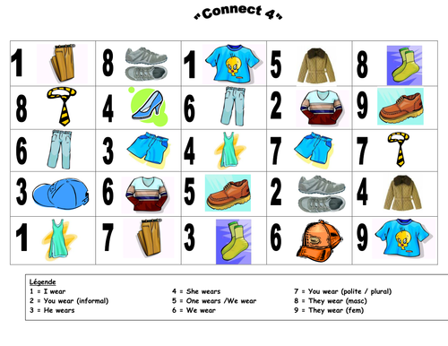 Connect 4 - Clothing + verb mettre | Teaching Resources