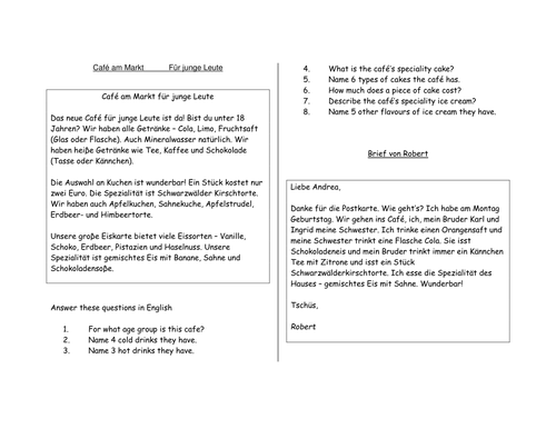 At the cafe Reading Tasks | Teaching Resources