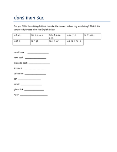 dans mon sac missing letters | Teaching Resources