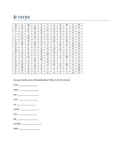 le corps wordsearch | Teaching Resources