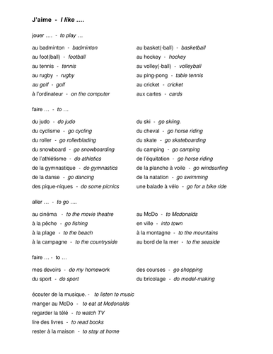 J'aime & activities vocabulary | Teaching Resources