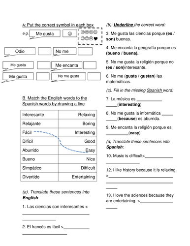 Spanish subject opinions handout | Teaching Resources