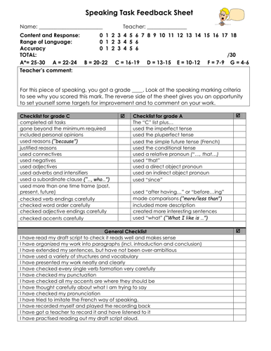 Speaking and writing feedback forms | Teaching Resources