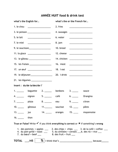 food & drink test in French | Teaching Resources