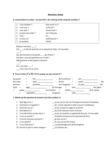 French revision worksheet | Teaching Resources
