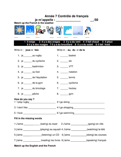 6th grade French reviewing handout & test | Teaching Resources