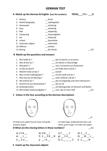 German vocab test for beginners | Teaching Resources