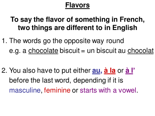 Saying the flavor of food/drink using au/a la/aux | Teaching Resources