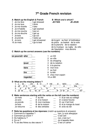 review handout 7th Grade French | Teaching Resources