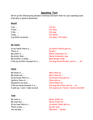 German Speaking Test Phrases | Teaching Resources