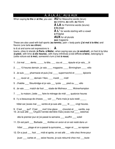the French preposition à (au; à la; à l' & aux) | Teaching Resources