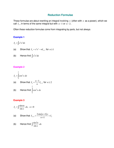 Reduction Formulae | Teaching Resources