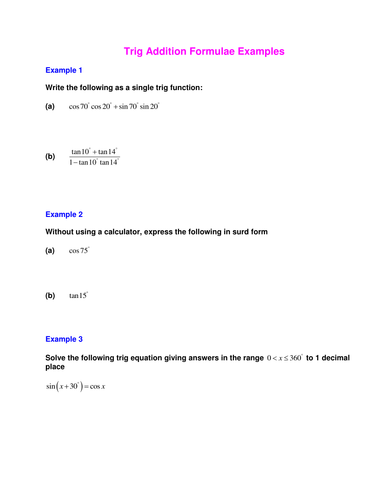 Addition Formulae | Teaching Resources