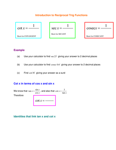 Reciprocal Trig Functions Teaching Resources