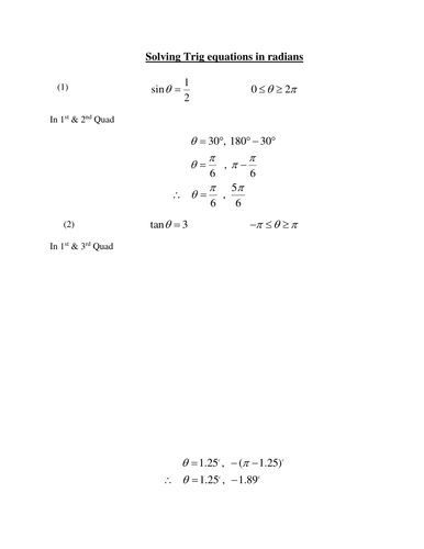 Radians in Trig Equations | Teaching Resources