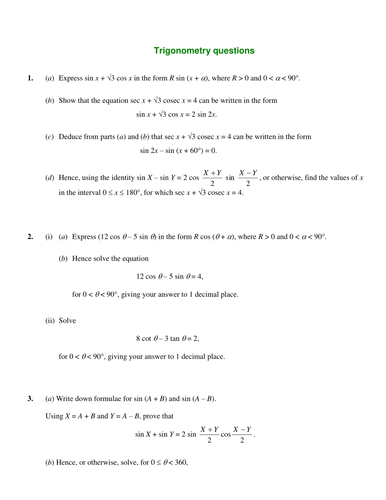 Mixed Trigonometry Questions | Teaching Resources