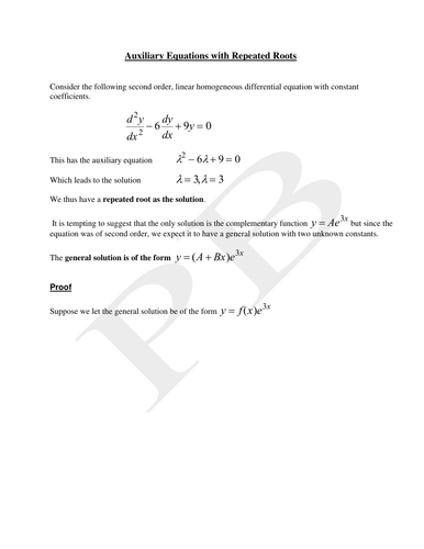 Auxiliary Equations - Repeated Roots | Teaching Resources