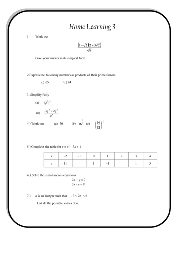 5 Higher Level Home Learning review Handout | Teaching Resources