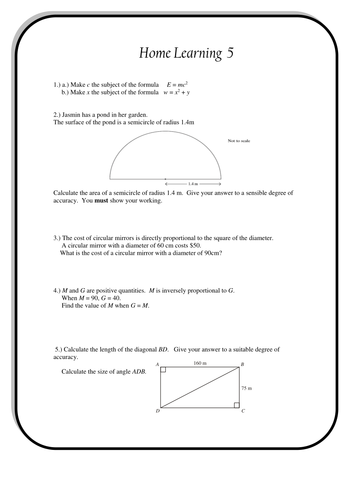 5 Higher Level Home Learning review Handout | Teaching Resources