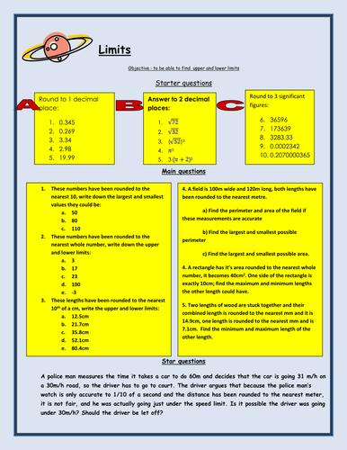 Limits (upper and lower bounds) worksheet | Teaching Resources