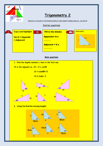 Trig handout (finding lengths-sin;cos tan) | Teaching Resources