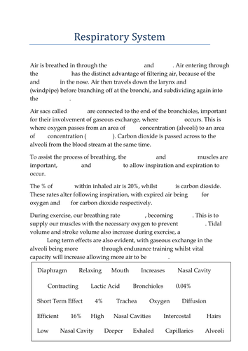 Fill in the blank format on Respiratory System | Teaching Resources