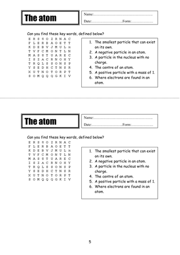 Atoms starter/penary/homework | Teaching Resources