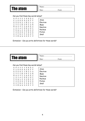 Atoms starter/penary/homework | Teaching Resources