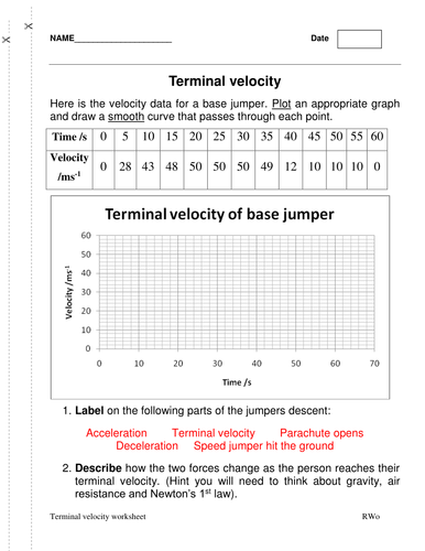 Terminal velocity worksheet | Teaching Resources