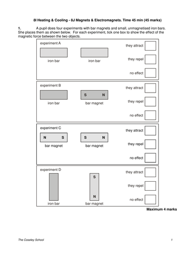 Magnets and heating and cooling combined test | Teaching Resources
