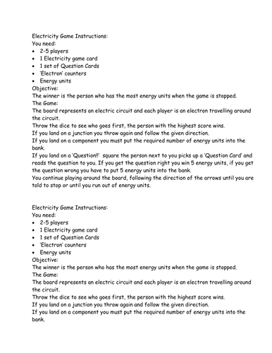 Electricity game | Teaching Resources