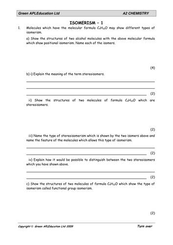 Chemistry: Isomerism Worksheet | Teaching Resources