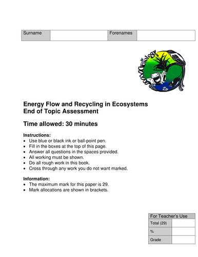 Energy Flow and Recycling in Ecosystems test | Teaching Resources